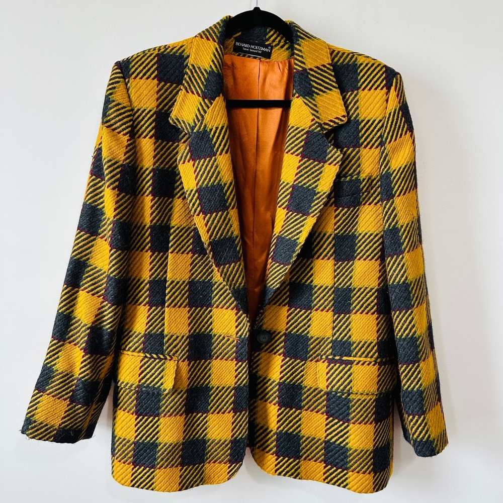 Vintage Wool Yellow & Black Checker Print Plaid Blaze… - Gem